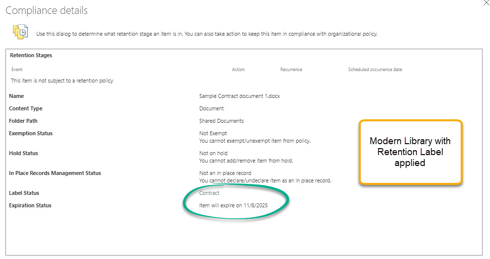 Compliance Details for Retention Label – Joanne C Klein